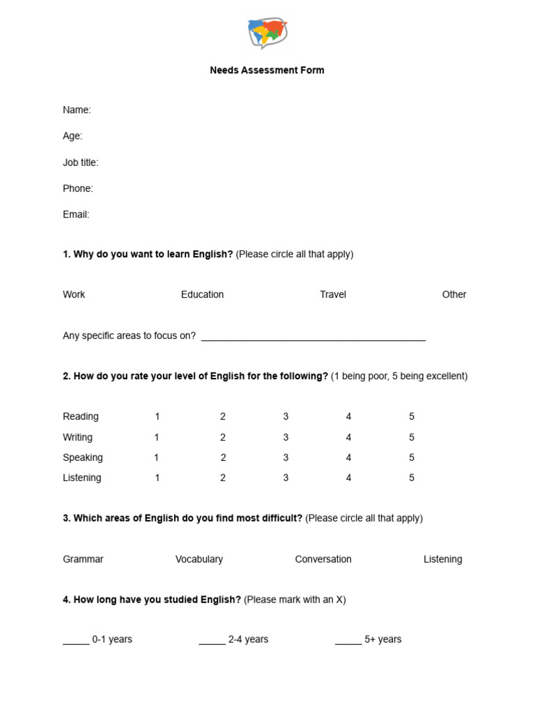 Bridge ESL Needs Assessment Example | PDF