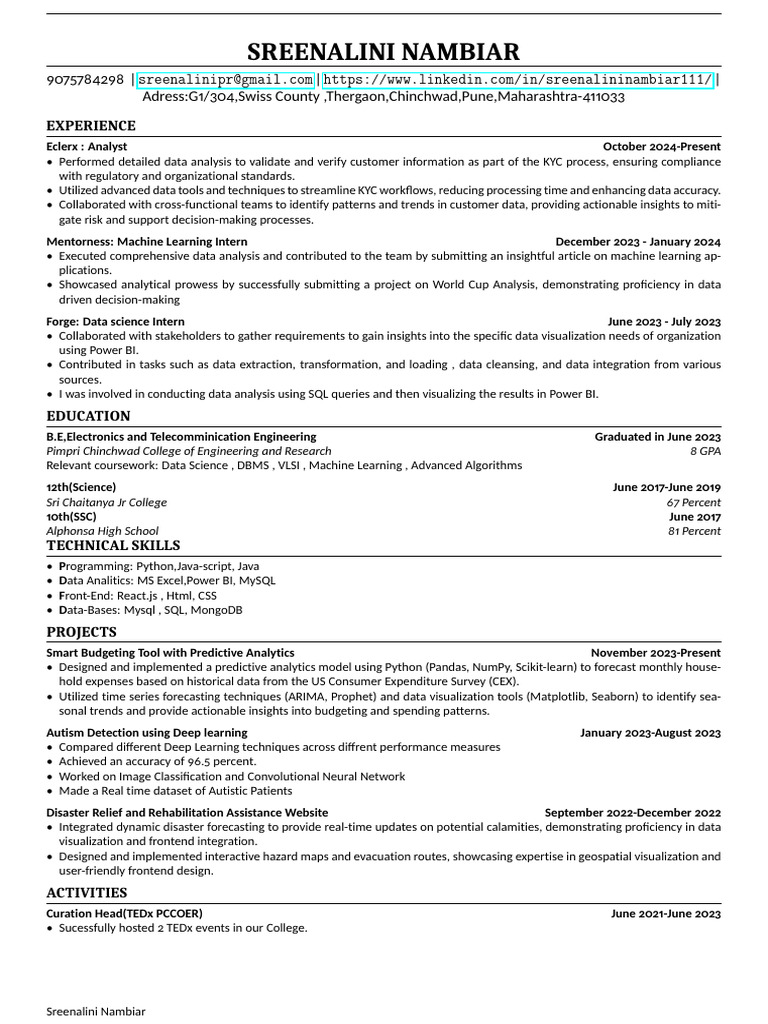 Sreenalini Resume 1 | PDF | Analytics | Predictive Analytics