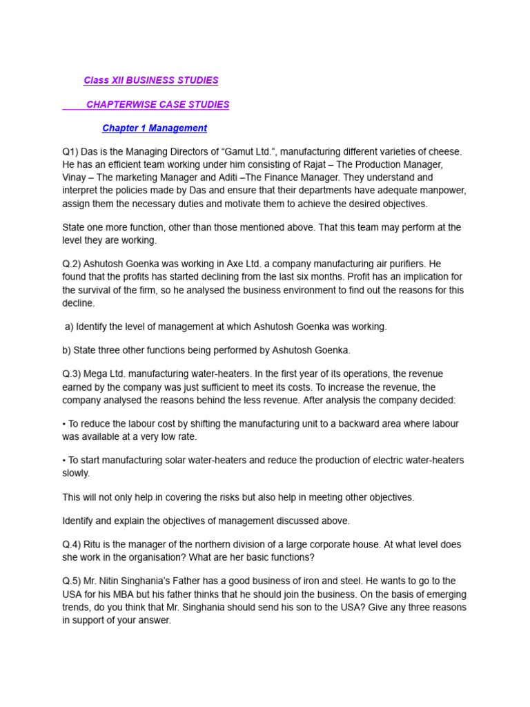 Business Case Studies Chapter Wise | PDF | Employment | Water