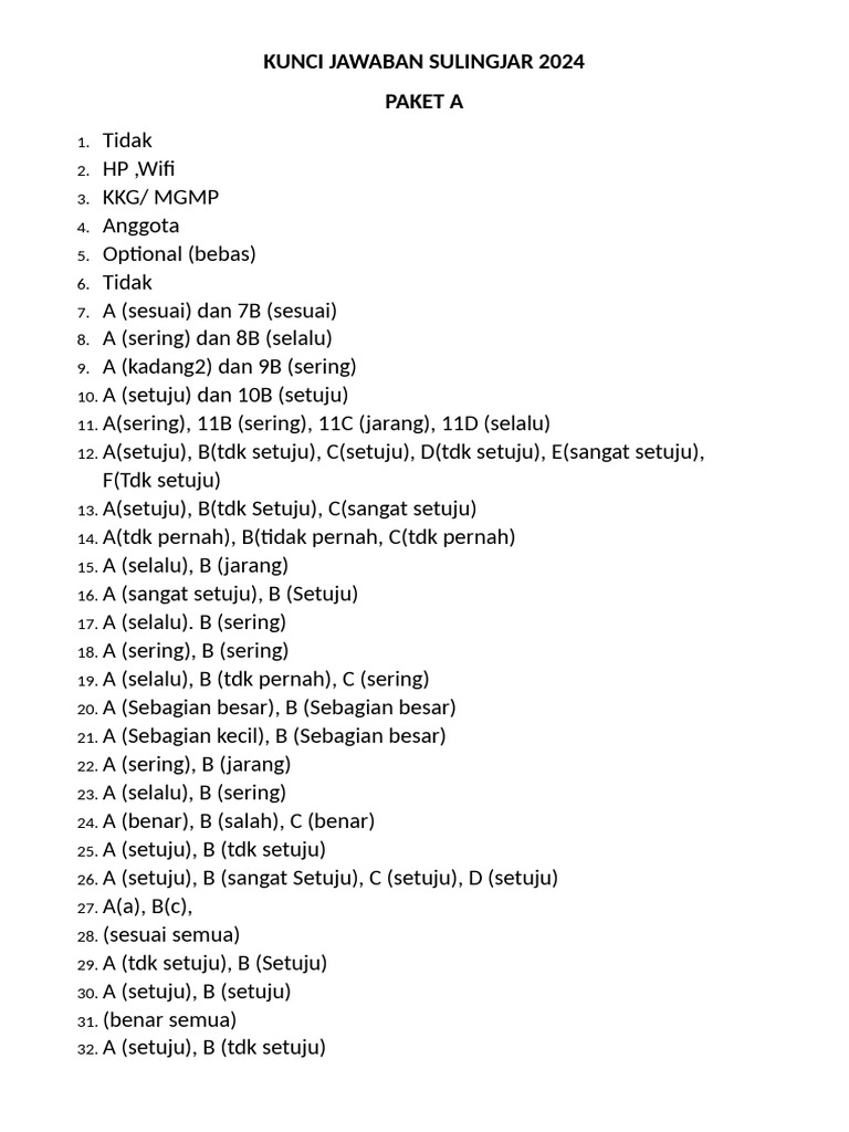 Kunci Jawaban Sulingjar 2024 Paket A | PDF