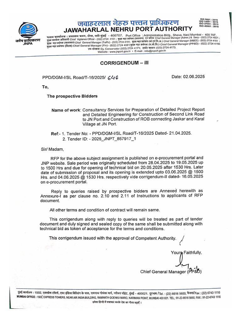 JN Port Second Link Road Tender Queries | PDF | Business
