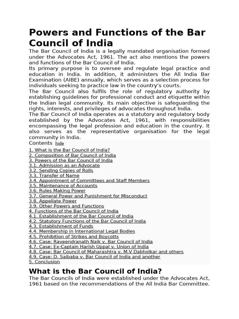 Powers and Functions of Bar Council of India | PDF | Advocate | Legal ...