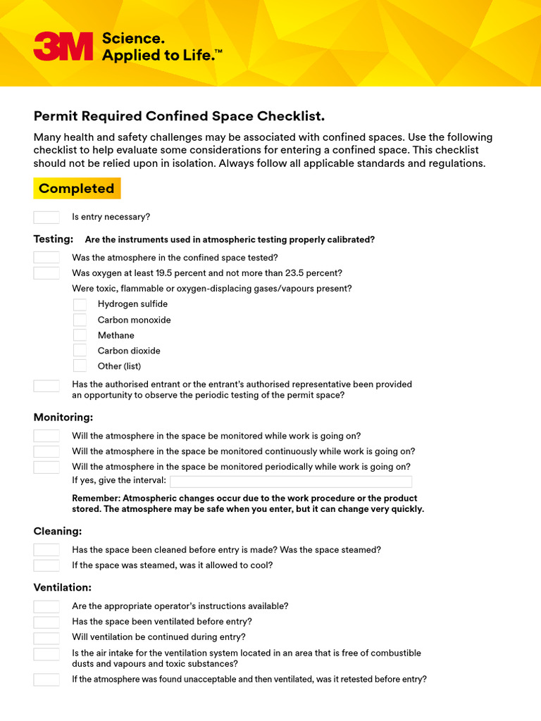 J458982 Confined Space Checklist 2019FV | PDF | Personal Protective ...