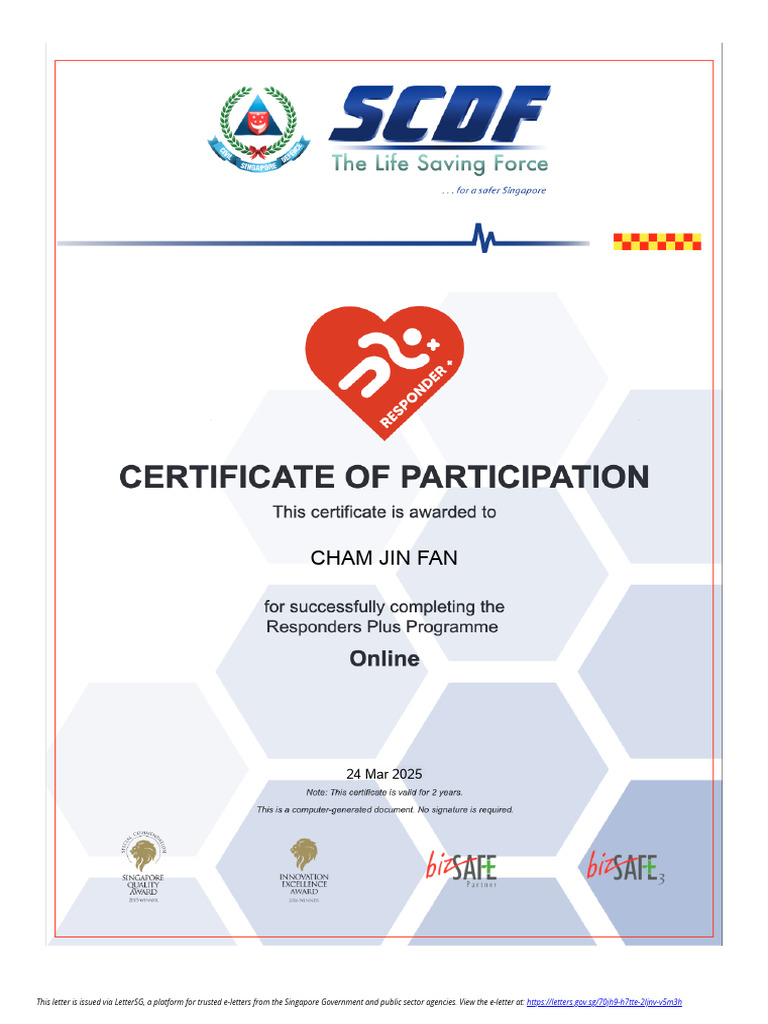SCDF - RPP Certificate (Online) | PDF