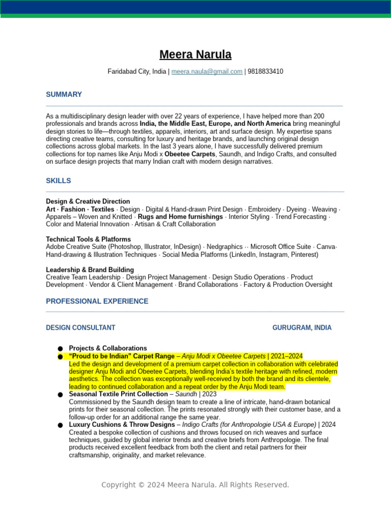 Meera_Narula_resume_2025 | PDF | Carpet | Textiles