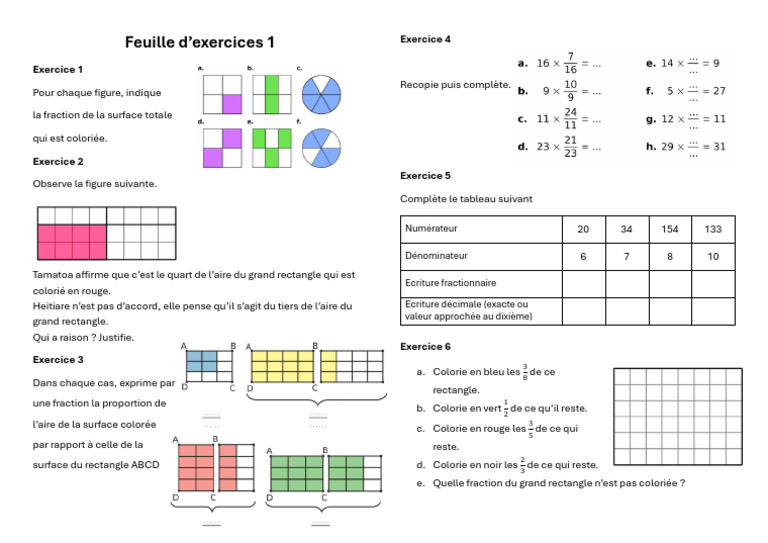 Feuille D'exercice 1 Fraction 6ème | PDF | Mathématiques | Arithmétique