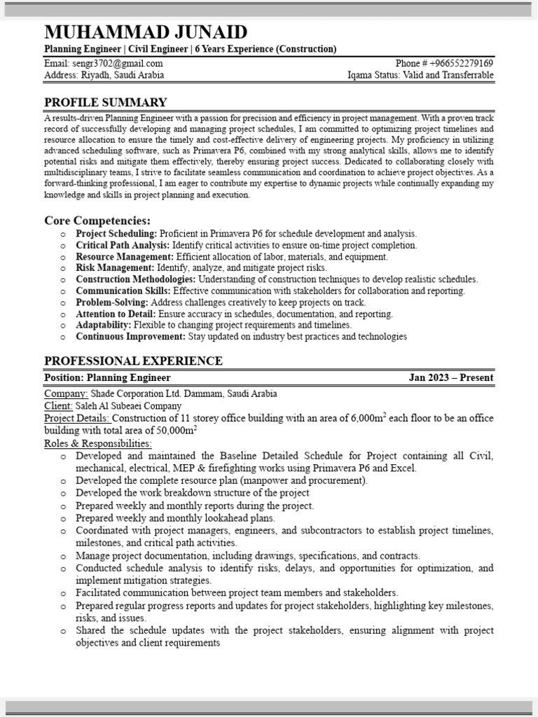 Muhammad Junaid Planning Eng CV | PDF | Project Management