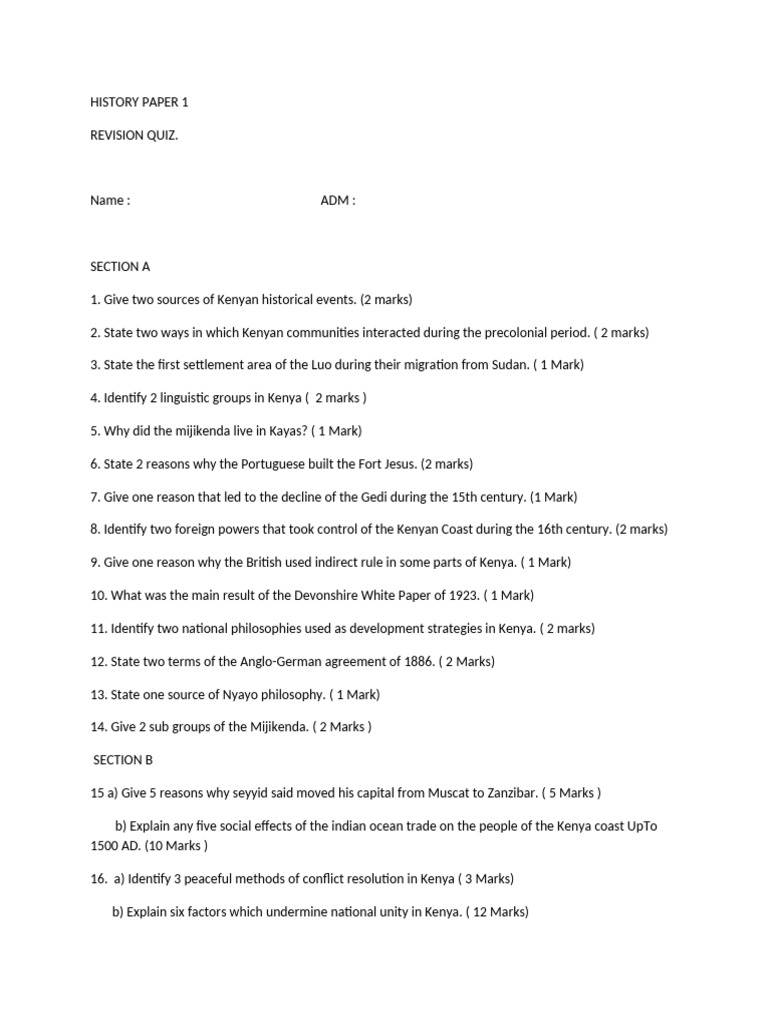 History Paper 1 Revision Quiz | PDF