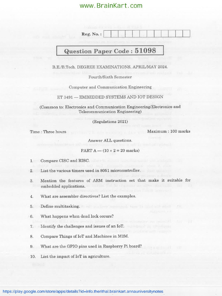 Embedded Systems and IOT Design - ET3491 2021 Regulation - Question ...
