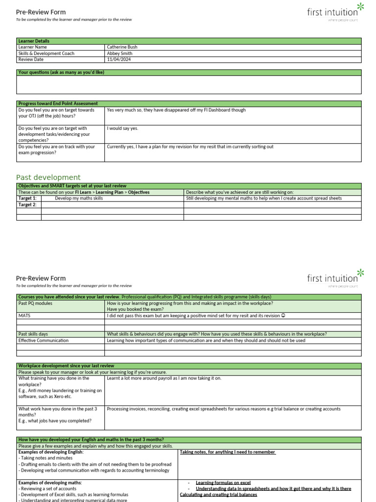 Pre-Review Form for Learner Assessment | PDF | Learning | Goal