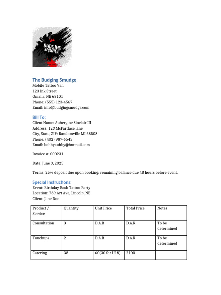 The Budging Smudge Invoice | PDF