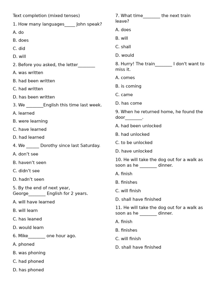 Text Completion Exercises: Mixed Tenses | PDF