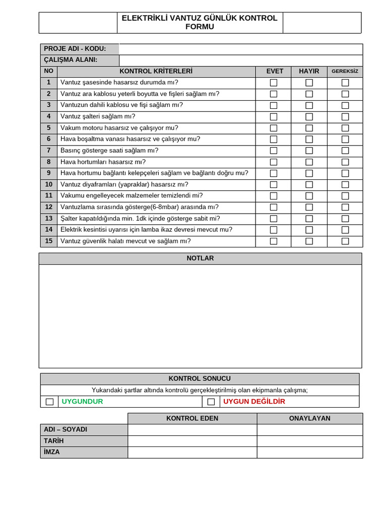 Elektri̇kli̇ Vantuz Günlük Kontrol Formu | PDF
