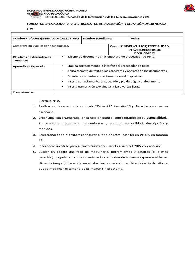 Taller Word N°2 TICS | PDF | Microsoft Word | Informática