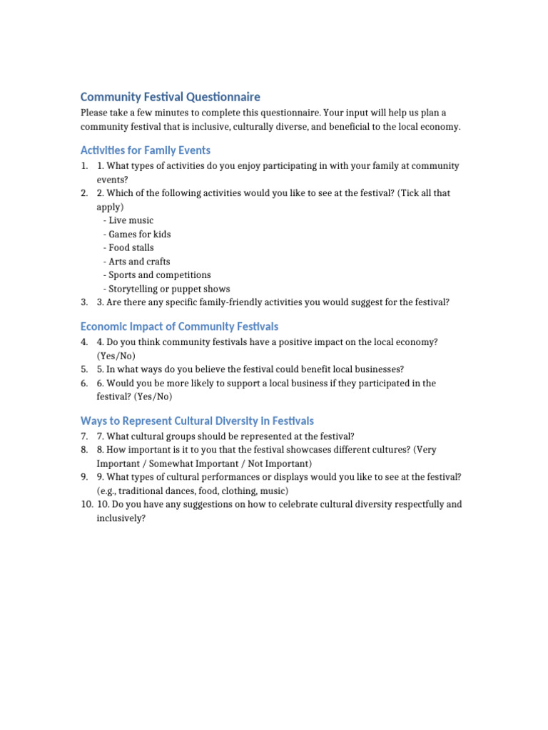 Community Festival Questionnaire | PDF