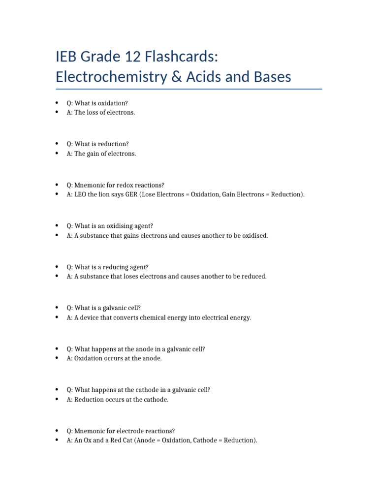 IEB Grade 12 Electrochem AcidBase Flashcards | PDF | Redox | Acid