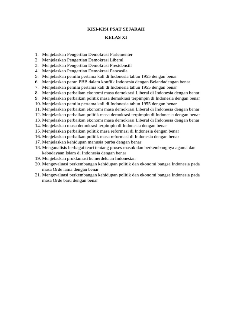 Kisi-kisi PSAT XI Sejarah 2025 | PDF