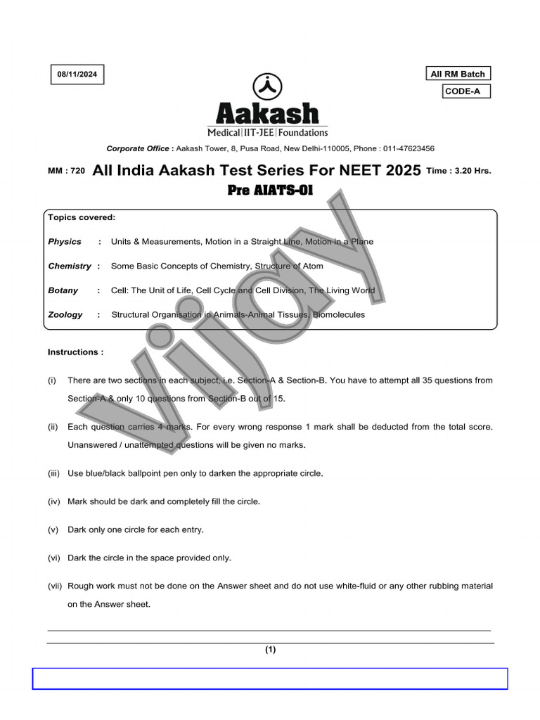 Pre Aiats 1 Viju Que RM @cet - Jee - Neet | PDF