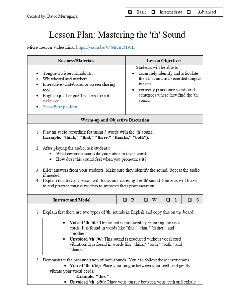 Lesson Plan 6 - Pronunciation - Mastering The 'TH' Sound | PDF | Learning | Human Communication