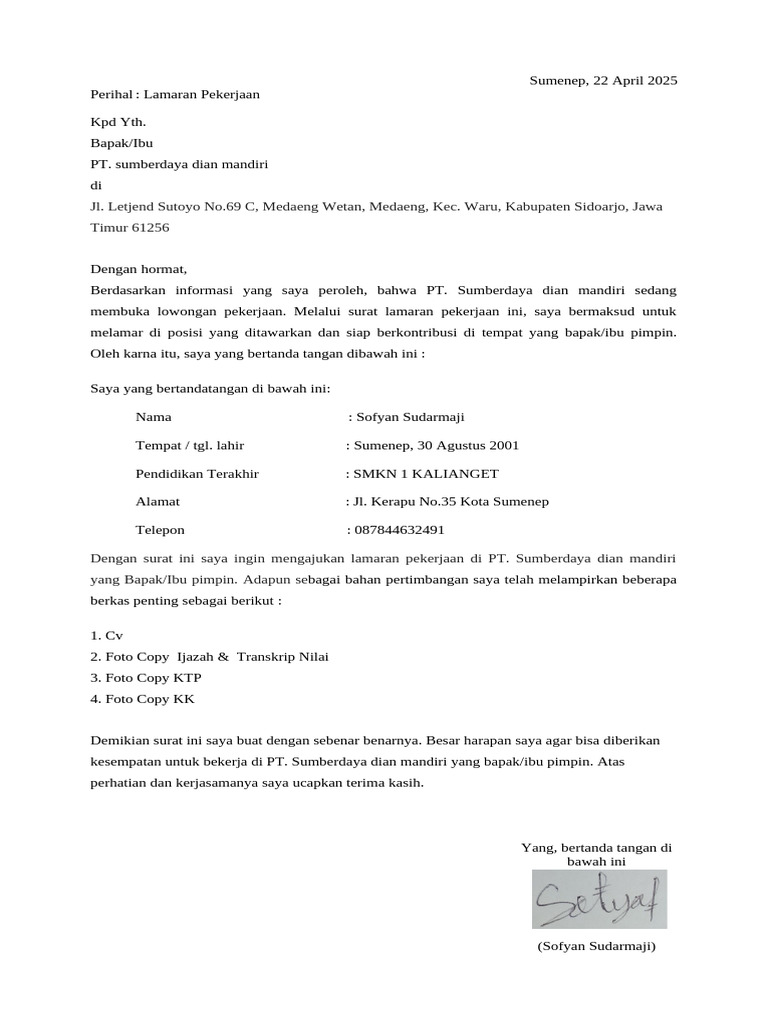 Surat Lamaran Sofyan | PDF