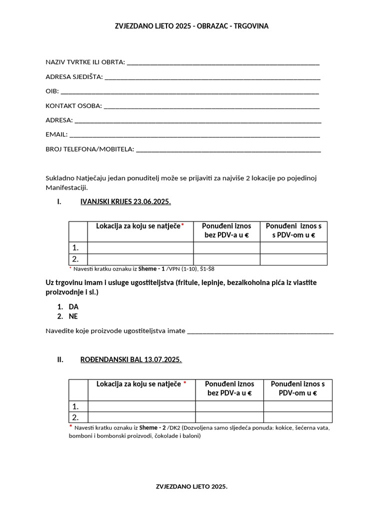 Obrazac O T Zvjezdano Ljeto 2025 Trgovina | PDF