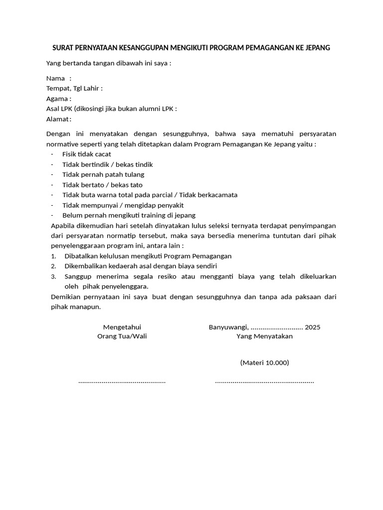 Contoh Surat Pernyataan Kesanggupan Mengikuti Program Pemagangan Ke ...