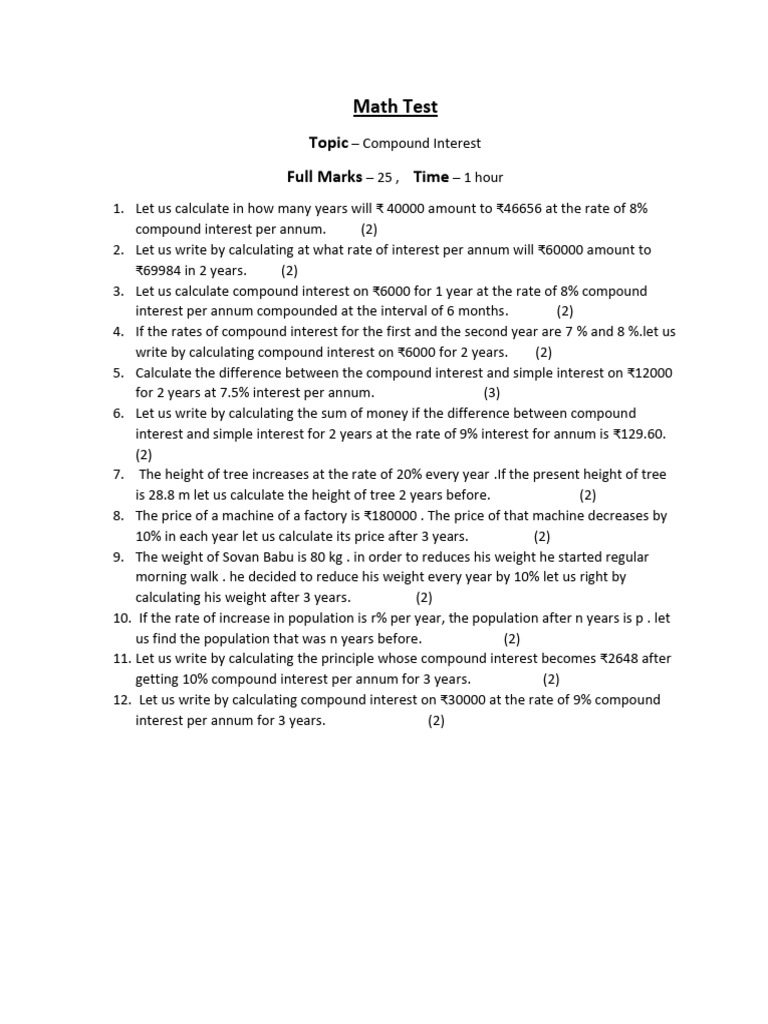 Compound Interest Math Test Questions | PDF