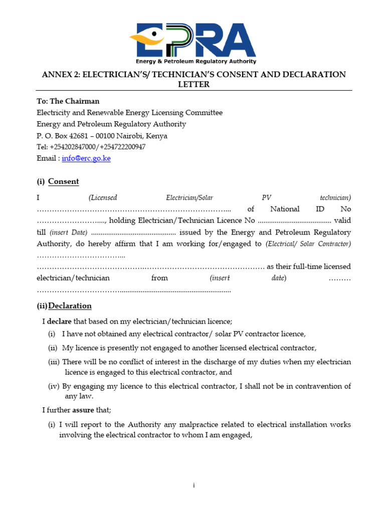 Electrician Consent and Declaration Letter | PDF | Electrician | Notary ...