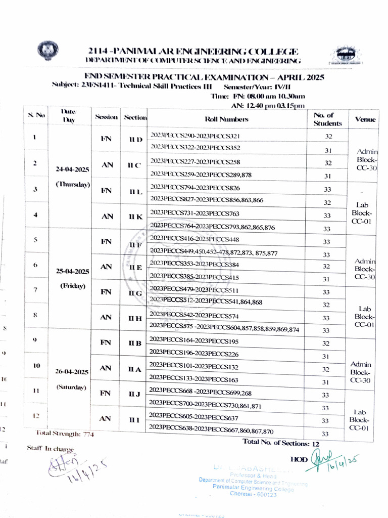 END Semester Exam Schedule - 2nd Year - Integrated Lab and OOSE | PDF