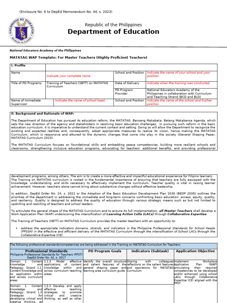 Sample MATATAG WAP for Master Teachers | PDF | Educational Assessment ...