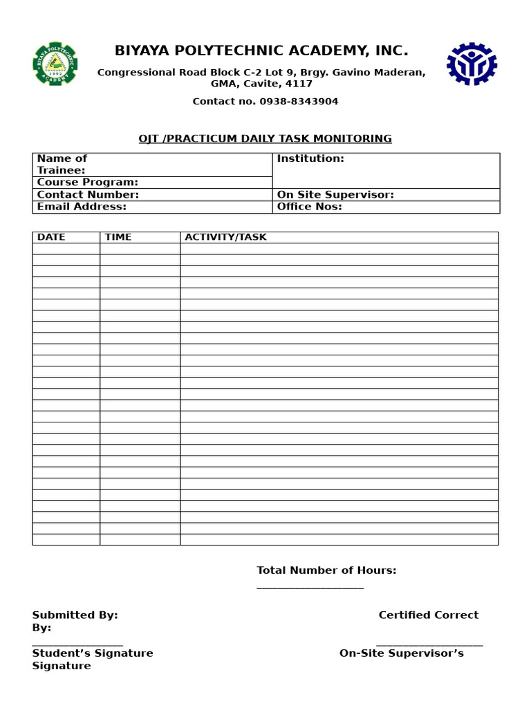 Biyaya Ojt Practicum Sheet | PDF | Skill | Communication