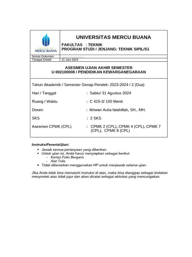 Soal KWN Semester Genap Pendek 2023-2024 Sabtu | PDF