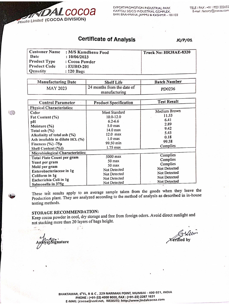 COA - Cocoa Powder Jindal Euro 201 | PDF