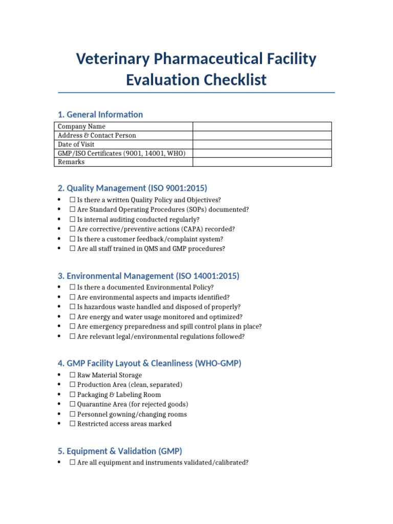 Veterinary Pharma Evaluation Checklist | PDF