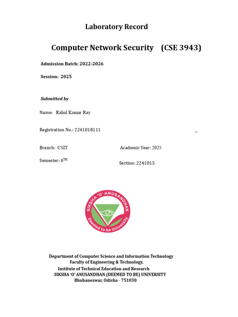 Computer Network Security (CSE 3943) : Laboratory Record | PDF