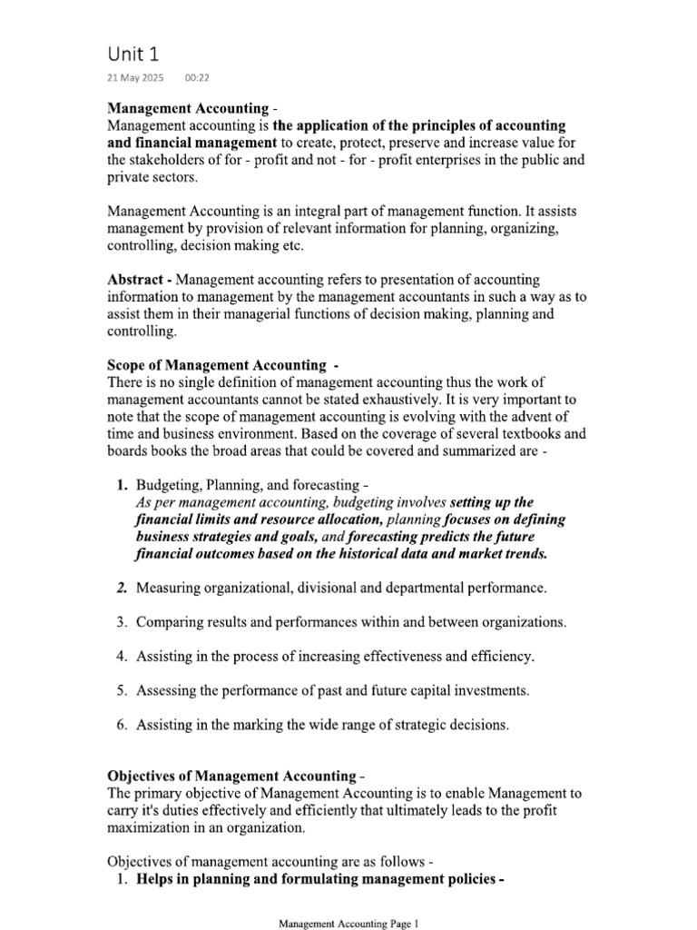 UNIT 1 Introduction To The Management Accounting | PDF
