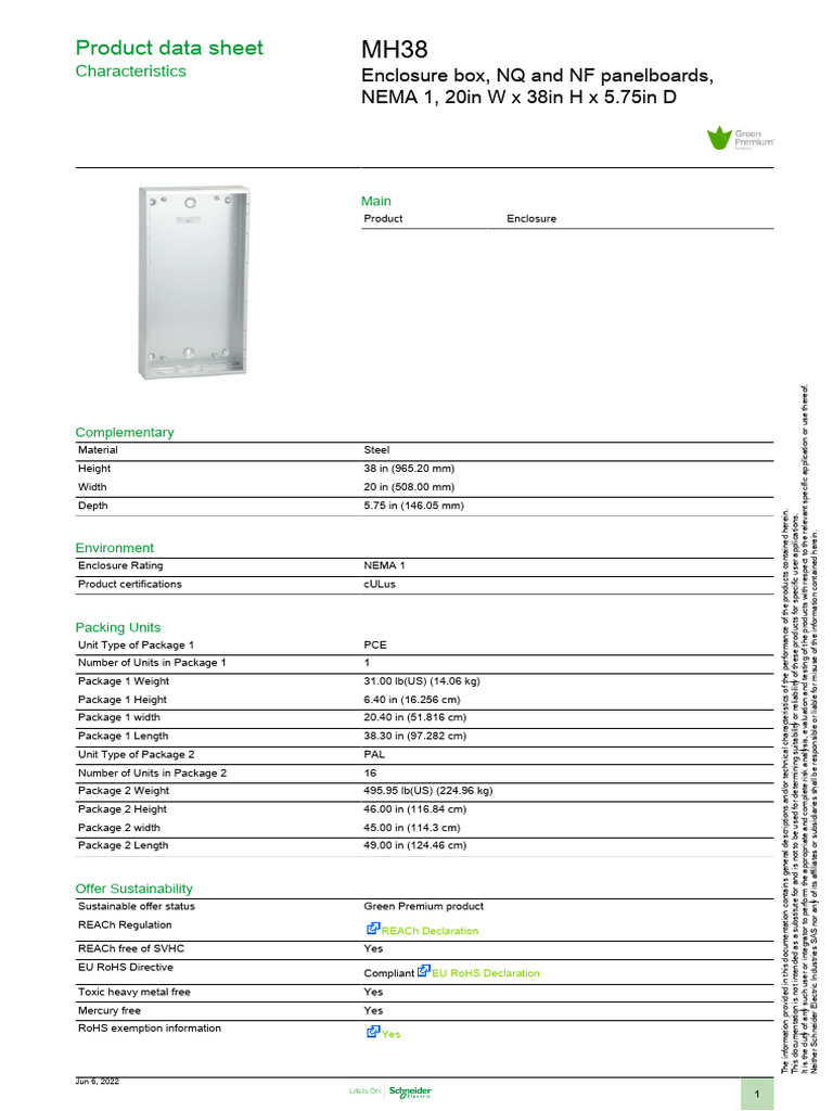 MH38 NEMA 1 Enclosure Box Data Sheet | PDF