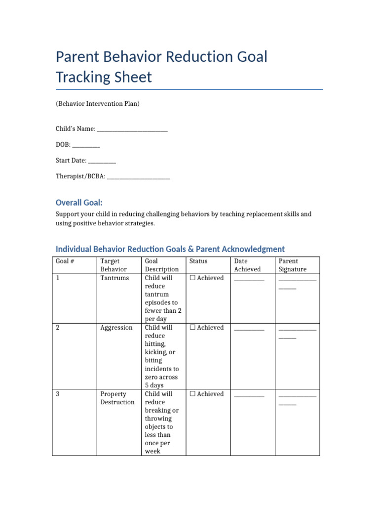 Parent Behavior Reduction Tracking Sheet | PDF | Human Development ...