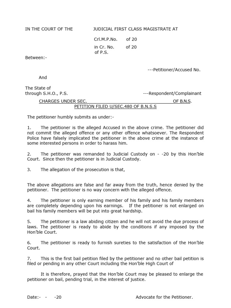 S.480 BNSS Bail Petition in Respect of Bailable Offences Triable by ...