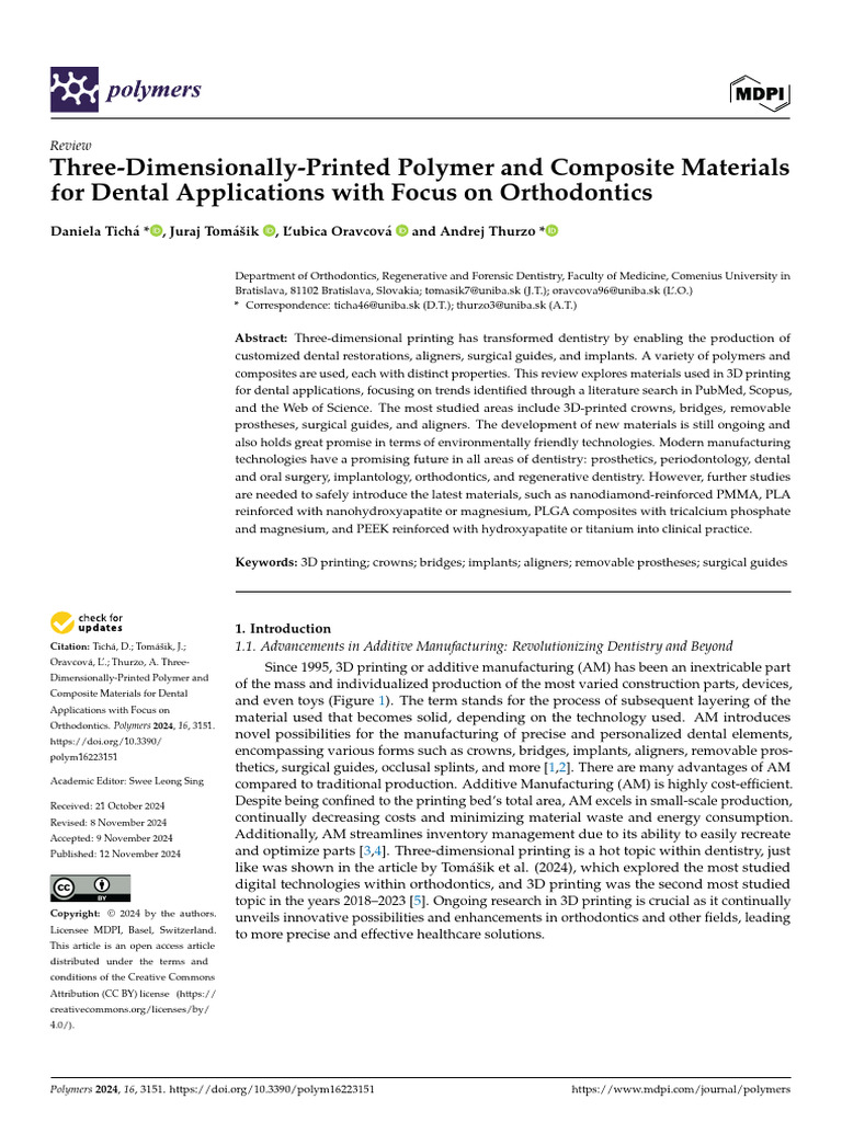 3D Printing Polymers in Orthodontics | PDF | 3 D Printing | Tissue ...