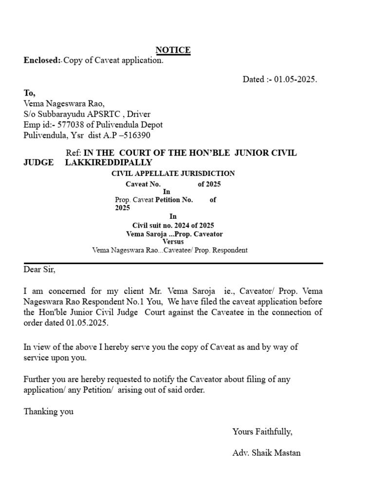 Caveat Application Notice - Vema Nageswara Rao | PDF