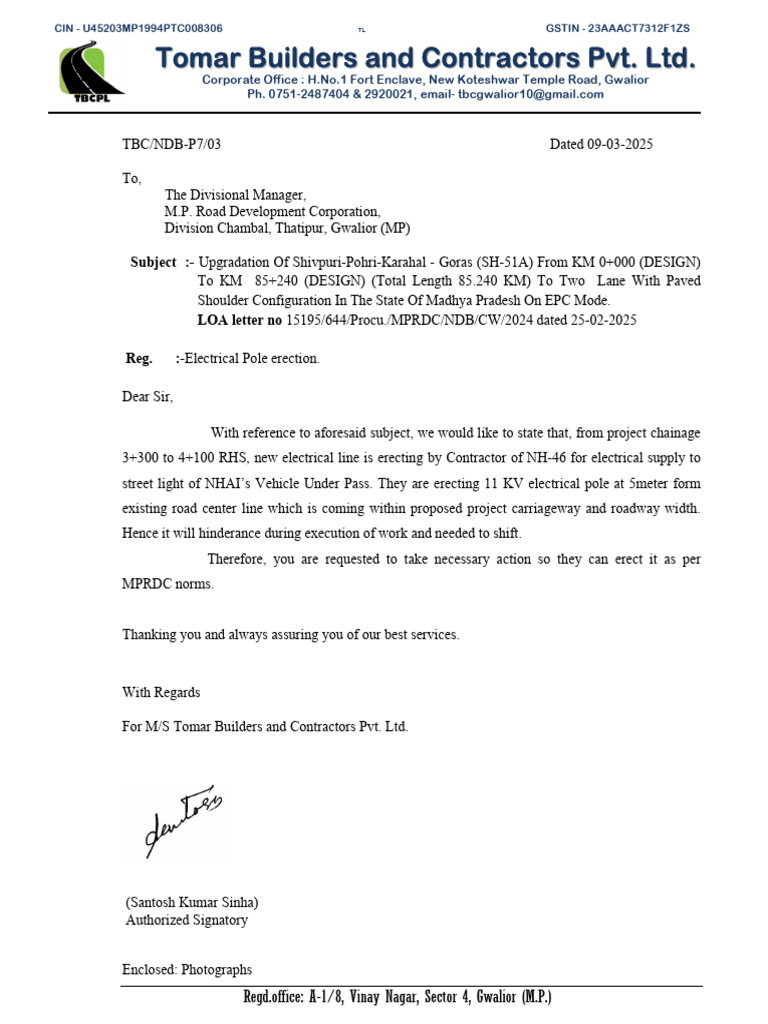 Electrical Pole Erection Request for SH-51A | PDF | Transport ...