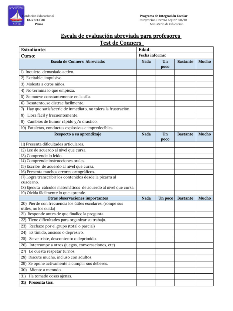 Formato Test de Conners | PDF | Aprendizaje
