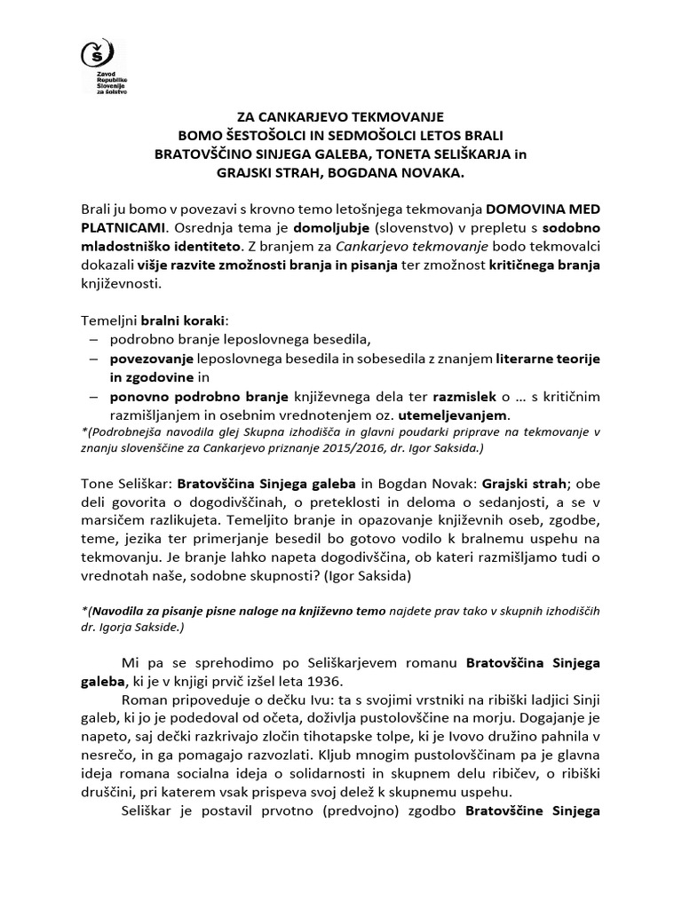 Grajski Strah Cankarjevo-Tekmovanje | PDF