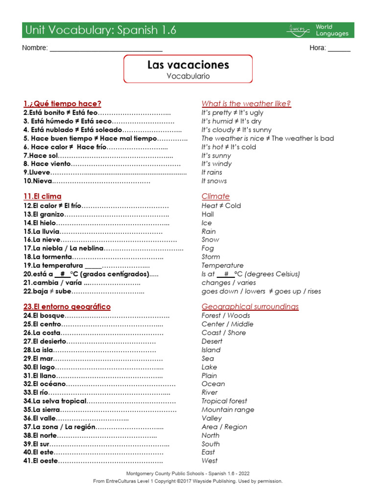 Spanish 1b.vocabulary - Las Vacaciones - Unit 1.6.salzman | PDF ...