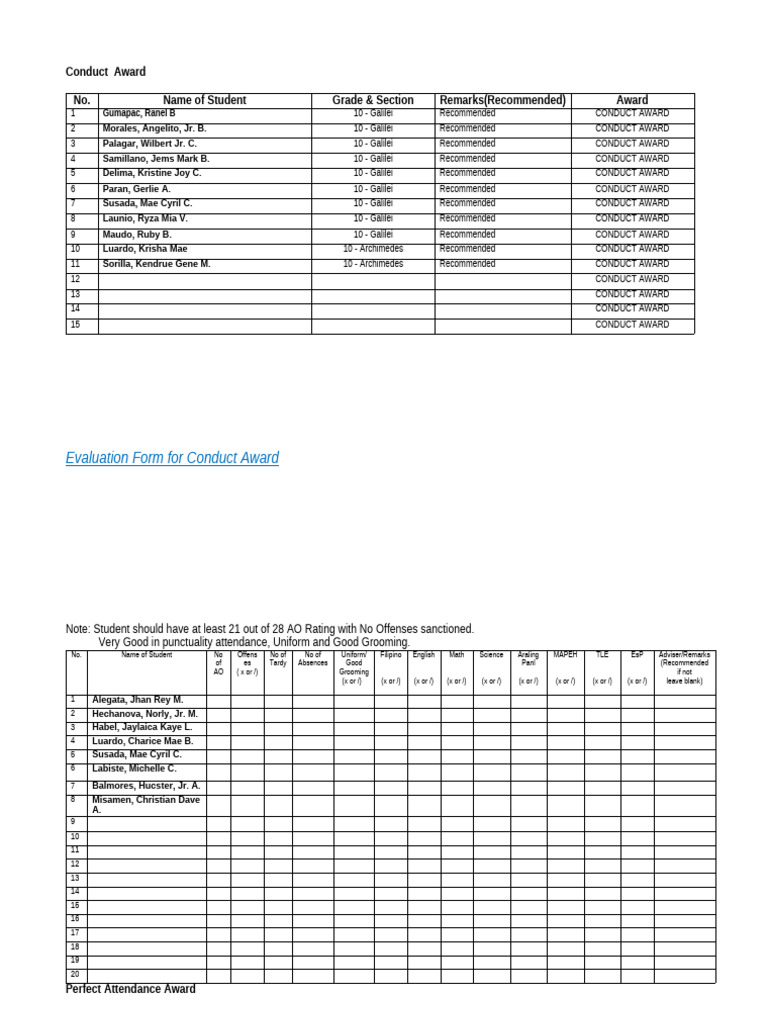 Template Conduct Perfect Attendance Awards | PDF