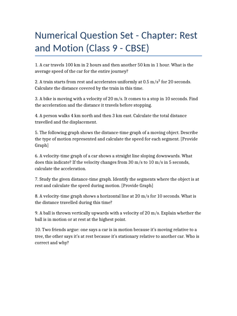 Rest and Motion Numericals Class9 | PDF