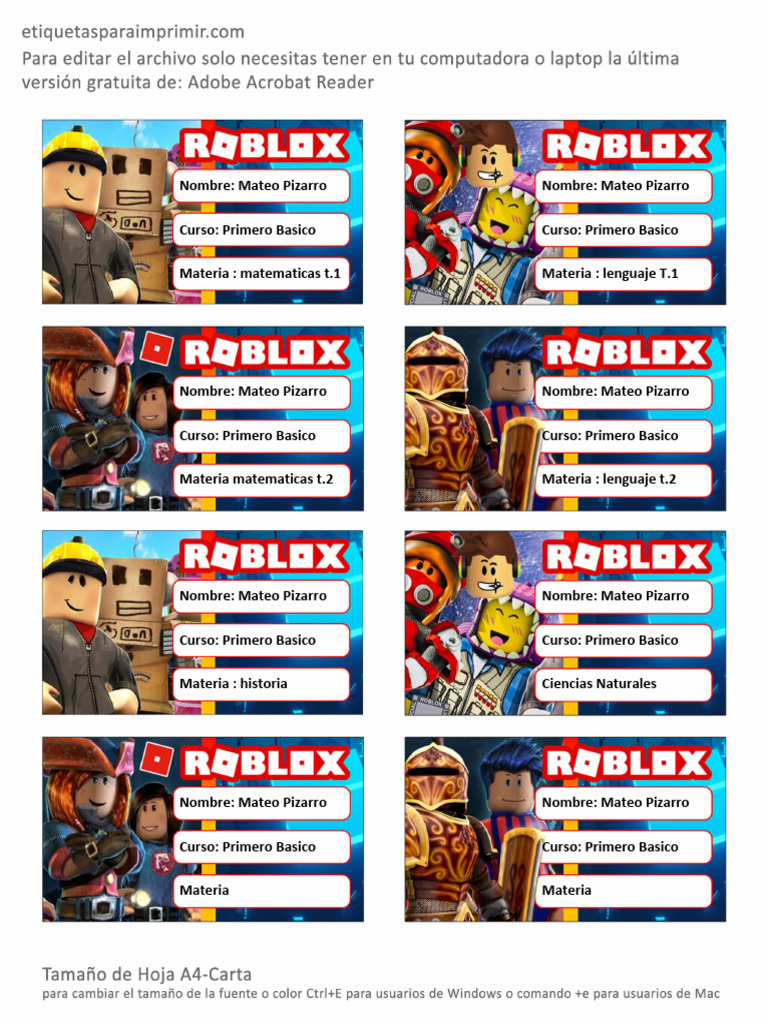 Etiquetas Escolares Roblox para Imprimir 1 | PDF
