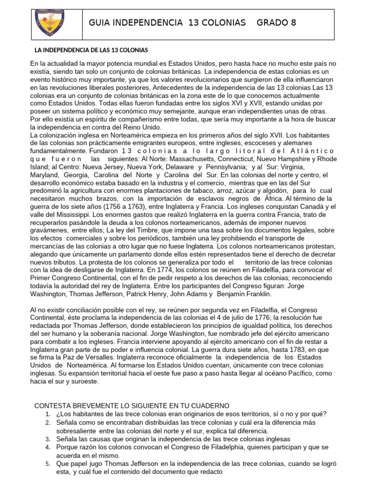 8 Guia Independencia 13 Colonias | PDF | Trece colonias | Thomas Jefferson