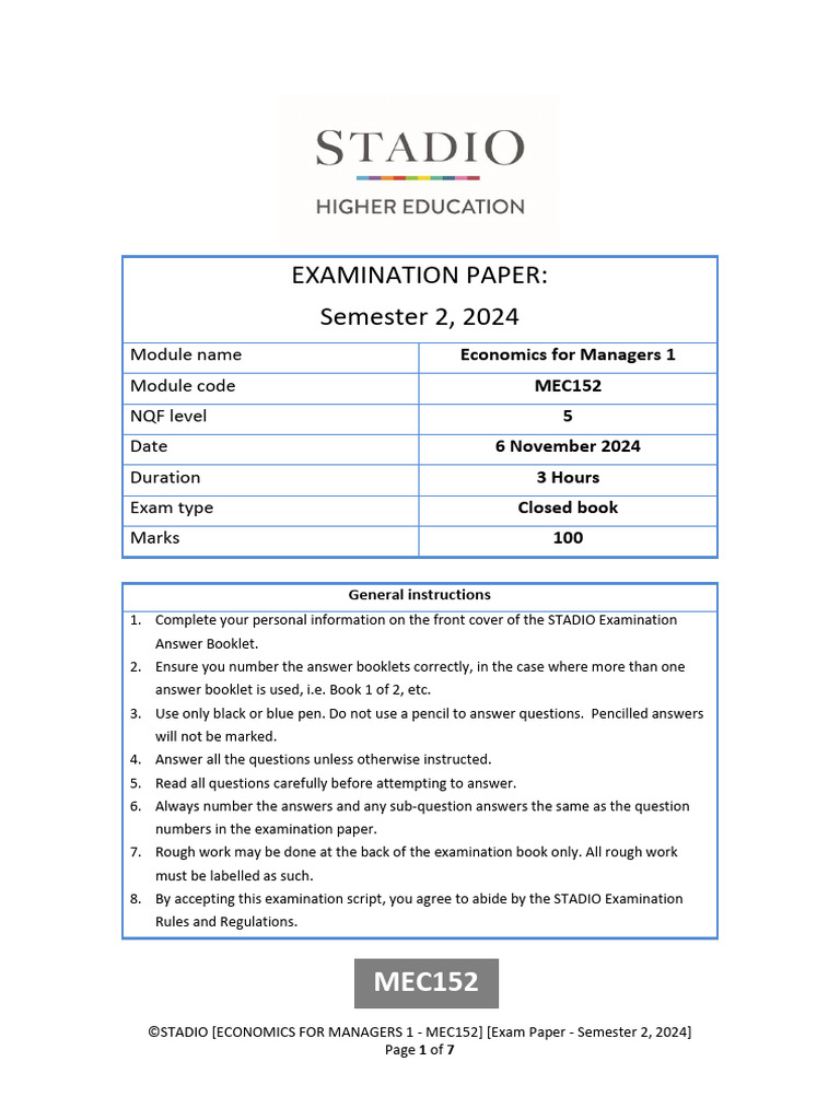 MEC152 Economics Exam Paper 2024 | PDF | Demand | Elasticity (Economics)